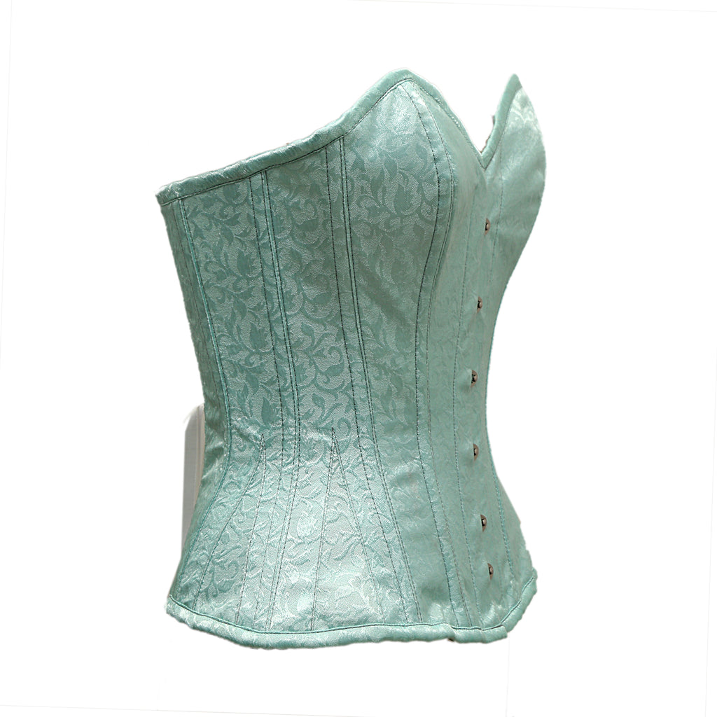 Tikner Light Sea Green Satin Brocade Overbust Corset | Corsets Queen US-CA